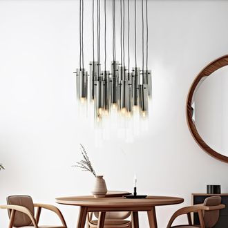 Lightbox Glamour H&auml;ngelampe - 199 cm H&ouml;he, &Oslash; 52 cm - elegante Pendelleuchte mit Glas Schirmen in Rauchfarben & k&uuml;rzbarem Kabel - 14 x E14, max. 25 W - aus Meta