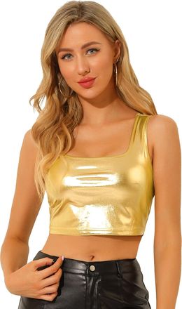 Allegra K Damen Weihnachten Crop Top Weste Tank Top U-Ausschnitt &Auml;rmellos Party Clubwear Gl&auml;nzend Metallic, gold, 42