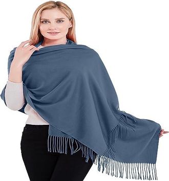 CJ Apparel Épais couleur unie motif pompons en coton mélangé châle écharpe, écharpe, couvre-tête, pashmina, bleu jean, taille unique