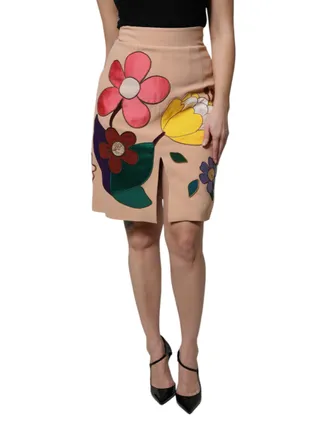Dolce & Gabbana Womens Beige Floral High Waist Pencil Cut Skirt Viscose Acetate Elastane