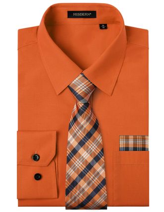 Hisdern Herren Hemd Orange Langarm Einfarbige Hemden mit Krawatte und Taschentuch Formelle Businesshemd Hochzeit Freizeithemd mit Tasche Regular Fit XXL
