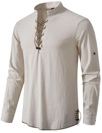 PARKLEES Herren Renaissance Kost&uuml;me Retro Schn&uuml;r Langarm Shirts f&uuml;r Piraten Wikinger Mittelalter, Beige/Wei&szlig;, XXL