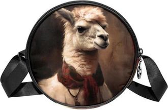 Generic Sac &agrave; bandouli&egrave;re rond pour femme, motif alpaga vintage, petit sac &agrave; bandouli&egrave;re avec fermeture &eacute;clair, bretelles r&eacute;glables, sac &agrave; main rond d&eacute;contrac