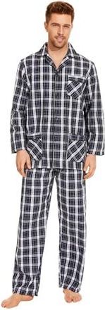Global Ensembles de Pyjama Homme Long Vetements De Nuit 100% Coton Pantalon Manche Longue Boutonné Pjs,Plaid Noir,XL