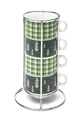 Excelsa Green Winter Set aus 4 Kaffeetassen aus Porzellan mit Tartan und Tannen-Motiv, stapelbarer Metallst&auml;nder