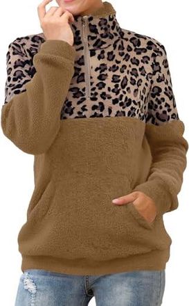 Generic Sweat-shirt &agrave; col rond en molleton pour femme en tissu &eacute;ponge fran&ccedil;ais - Sweat-shirt &agrave; fermeture &eacute;clair sans capuche avec poche l&eacute;opard patchwork gran