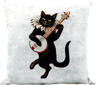 Fabulous Kissen aus Kunstleder, weiß, Motiv: verrückte Katze des Königs, niedliche Illustration, Banjo, Musiker - 40 x 40 cm - Leder-Touch - Bezug und Kissen i