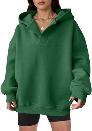 Generic Sweat &agrave; capuche surdimensionn&eacute; &agrave; col en V pour femme - Pull en polaire &agrave; manches longues - V&ecirc;tements Y2K - Tenue tendance automne 2025, Vert, XXL
