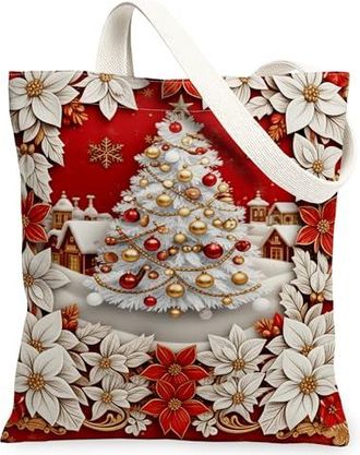 Generic Sacs fourre-tout en toile de No&euml;l, motif arbre festif et poinsettia, sacs r&eacute;utilisables, vintage, l&eacute;gers et lavables avec bandouli&egrave;re pour les vacance