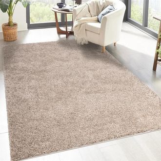 Carpet City Shaggy Hochflor Teppich - 133x190 cm - Sand-Beige - Langflor Wohnzimmerteppich - Einfarbig Uni Modern - Flauschig-Weiche Teppiche Schlafzimmer Deko