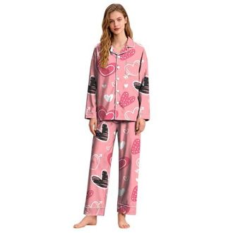 Generic Ensemble de pyjama 2 pi&egrave;ces en satin de soie imprim&eacute; coeur pour femme, v&ecirc;tements de nuit &agrave; manches longues, col &agrave; revers, chemise boutonn&eacute;e avec panta
