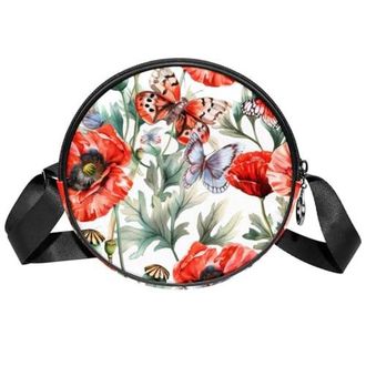 Generic Petit sac &agrave; bandouli&egrave;re rond pour femme, motif coquelicot avec fermeture &eacute;clair, bretelles r&eacute;glables, style d&eacute;contract&eacute;, pour femmes et filles