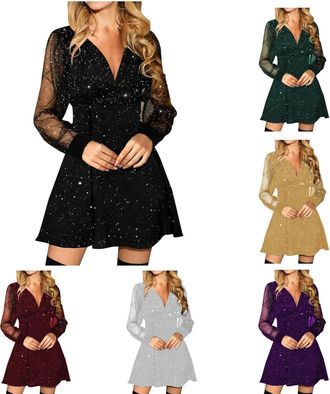 Generic Glitzer Kleid Damen Cocktailkleid V-Ausschnitt Chiffon Abendkleider Langarm A-Linien Abendkleid Partykleid Kleider Mesh Minikleid Elegant Cocktailklei