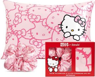 Kitsch Hello Kitty Satin Kissenbezug, weicher als Seide für Haare und Haut, maschinenwaschbar, faltenfrei, Standardgröße, und Satin Scrunchies, ohne Haarscha