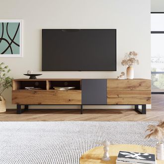 Generic TV-Schrank mit T&uuml;ren Schubladen TV-St&auml;nder mit Offenen Regalen Lowboard f&uuml;r Schlafzimmer Wohnzimmer TV-Kommode Unterschrank TV M&ouml;bel Tisch Holzfarbe