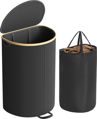 Songmics Wäschekorb, Wäschesammler, 90 Liter, Wäschetonne mit Deckel, Wäschesack herausnehmbar, für Waschküche, Schlafzimmer, Wohnzimmer, tintenschwarz-naturbe