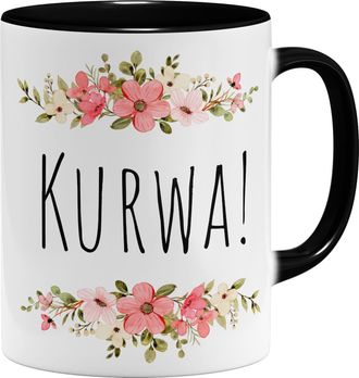 OM3 Kurwa Kaffee-Tasse mit Spruch - Lustige polnische Statement Keramiktasse - kitischig - blumig - Blumenmotiv - Keramik Becher - 325ml - Beidseitig Bedr