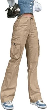 Onsoyours Pantalon Cargo Parachute Femme Y2k Jambes Larges Sport Ample Pants Taille Haute avec Poches Streetwear Cordon Pants Tracksuit A Kaki M