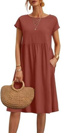 Generico 2025 Femmes Vêtements dÉté Col rond à Manches Courtes Vêtements Décontractés Confortable Robe en Lin Respirant Élégant Couleur Unie Vintage Robe Boho 