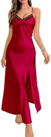 Generic Nuisette Femme Satin Doux décolleté V Dentelle Dos Nu Fendu Longue Bretelles réglables Lingerie Nuit