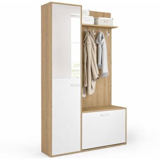 IDMarket Vestiaire dentr&eacute;e rangement chaussures avec miroir et &eacute;tag&egrave;res MAHAUT 1 porte effet bois et blanc