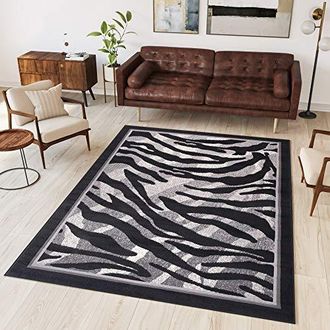 Tapiso Dream Tapis de Salon Chambre Salle &agrave; Manger Adulte Bureau Ado Design Moderne Gris Noir Motif Animalier Z&egrave;bre Bordure Poil Court Fin Doux L&eacute;ger R&eacute;sista