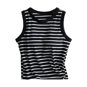 Generic D&eacute;bardeur court de sport pour femme - &Agrave; rayures - Sans manches - Col rond - D&eacute;contract&eacute; - Pour la course &agrave; pied - Printemps athl&eacute;tique - Pour sortir -