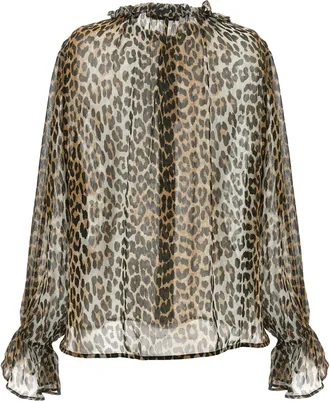 Ganni Leopard Print Chiffon Tie String Shirt