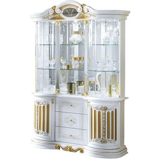 Les Tendances Vitrine 6 portes 3 tiroirs bois vernis laqu&eacute; brillant blanc et dor&eacute; Lesly 139cm