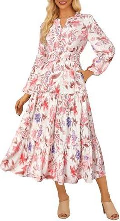 Grace Karin Robe longue &eacute;l&eacute;gante pour femme - Manches longues - Col en V - A ligne - Robe florale avec taille smock&eacute;e, abricot, M
