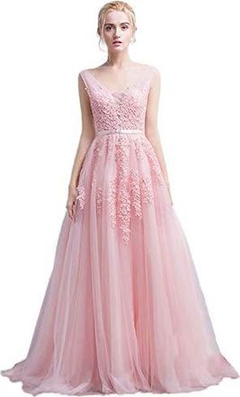MisShow Robe pour Mariage Demoiselle dhonneur avec Dentelles Florales El&eacute;gante Robe Femme C&eacute;r&eacute;monie Anniversaire Rose 46