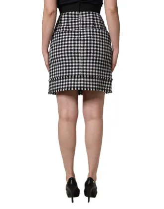 Dolce & Gabbana Womens Black White Houndstooth Highwaist Mini Skirt And Virgin Wool Nylon