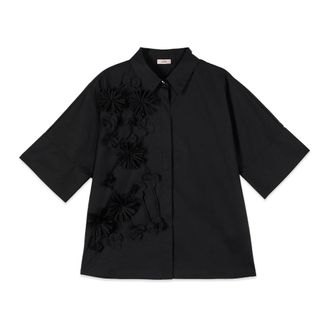 Oltre Kurzarmhemd mit floralen Applikationen - - Blouses & Shirts - Damen - Schwarzk - XS