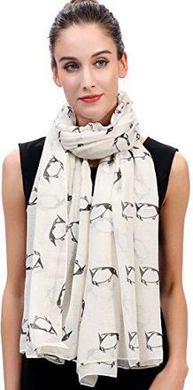 Lina & Lily Écharpe Foulard pour Femme Imprimé Pingouin (Blanc Laiteux)