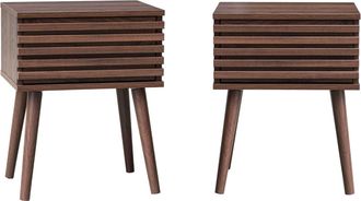 Sweeek Set aus 2 Nachttischen im skandinavischen Stil mit Holzdekor Walnuss, gerillter Schublade und Zirkelbeinen