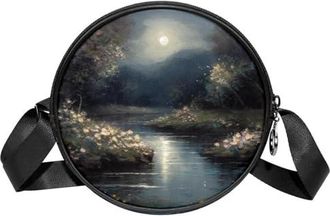 Generic Petit sac &agrave; bandouli&egrave;re Circle pour femme, sac &agrave; bandouli&egrave;re Moonlight Art avec fermeture &eacute;clair, bretelles r&eacute;glables, sac &agrave; main rond d&eacute;contract&eacute; pou