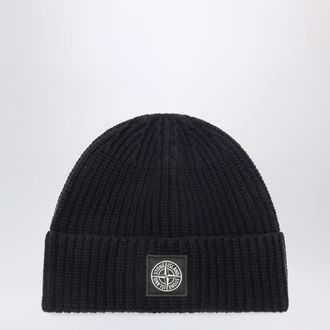 Stone Island Navy blue wool beanie with Compass patch