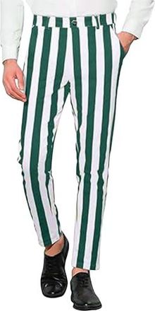 Generic Pantalon habill&eacute; ray&eacute; d&eacute;contract&eacute; pour homme, coupe ajust&eacute;e, bloc de couleur, pantalon de robe crayon, jambe droite, pantalon bloc de couleur, blanc/v