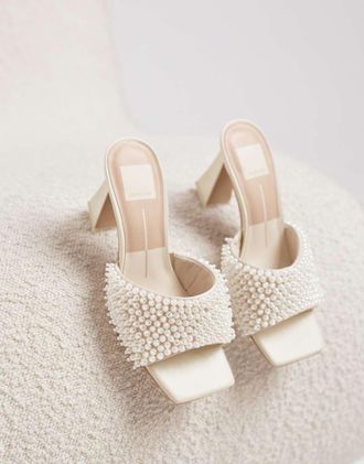 Dolce Vita Nandy Pearl - Braut-Mules in Elfenbein mit Absatz und Perlenriemen-Wei&szlig;