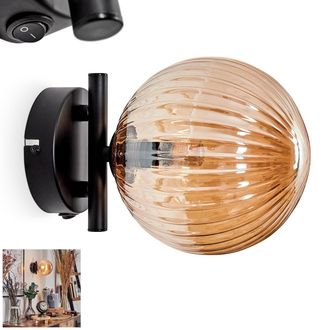 HOFSTEIN Wandleuchte Chehalis, Wandlampe aus Metall/Riffelglas in Schwarz/Bernstein, Leuchte im modernen Retro/Vintage-Design mit Schirm aus Glas (Ø 15cm) u. A