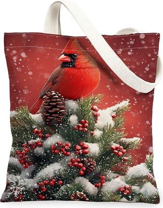 Generic Sacs fourre-tout en toile cardinal de No&euml;l, sc&egrave;ne naturelle de vacances, sacs d&eacute;picerie r&eacute;utilisables, rustiques, l&eacute;gers, lavables, Rouge, 13x15 Inch