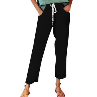 Generic Pantalon Femme Large Fluide Blanc en Lin &Eacute;t&eacute; Pantalon Court en Lin pour Femme Grande Taille Taille Haute Jambe Large Longueur Cheville Ray&eacute; pour La Pl