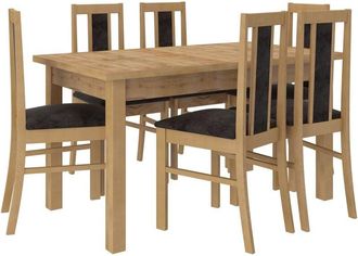 Les Tendances Les Tendances - Ensemble table extensible 140-180cm et 6 chaises en bois clair de hêtre et tissu noir Louiza