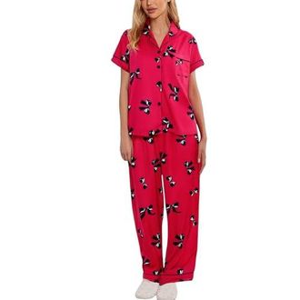 Generic Pyjama imprim&eacute; avec noeud pour femme avec poche &agrave; boutons, style mignon 2026, rose vif, XL