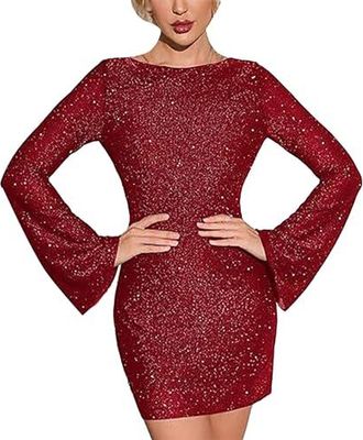 Generic Robe de couleur unie &agrave; paillettes dos nu &agrave; manches longues brillantes et moulantes pour femme, RD2., XXL