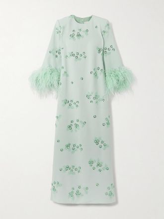 Huishan Zhang Elias Robe Aus Recyceltem Strukturiertem Jersey Mit Verzierungen Und Federn - Gr&uuml;n