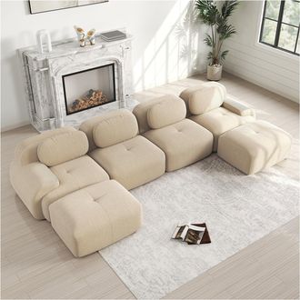 Generic L-f&ouml;rmiges modulares Cordsofa, modulares Ecksofa, Dreisitzer-Sofa, rahmenloses Sofa, ergonomisch, hochelastisch 32D gepolstert, for Wohnzimmer(Beige,4