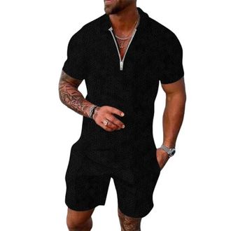 Generic Homme Surv&ecirc;tement de Sport T-Shirt &agrave; Manches Courtes Fermeture &eacute;clair et Short Ensemble, Costume Deux Pi&egrave;ces &agrave; Rayures pour Hommes,Couleur Unie Joggin