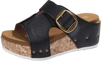 Generic Sandales dété décontractées à bout ouvert avec sangle à boucle - Dessus en cuir pour un usage quotidien - Tenue confortable, Noir, 39.5 EU