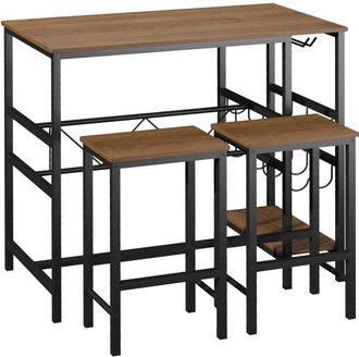 HOMCOM Bartisch-Set, Stehtisch mit 2 Barhockern, 3-teiliges Tischset Küchentresen mit Flaschenhalterung Spanplatte, Stahl, Natur+Schwarz, 108 x 60x 95H cm